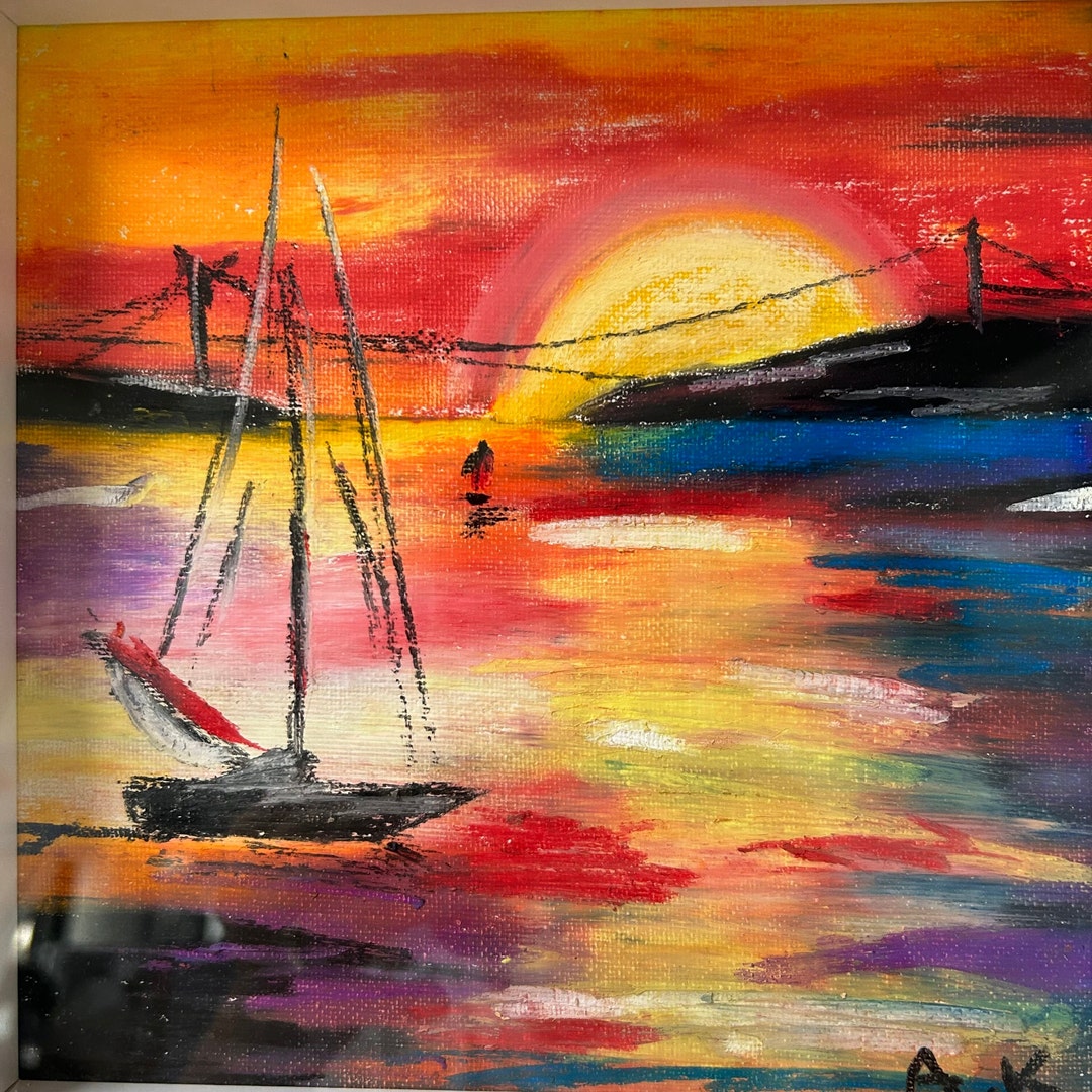 Oil Pastel Chalk Picture Canvas 20x20 Framed Sunset Seascape Sailboat ...