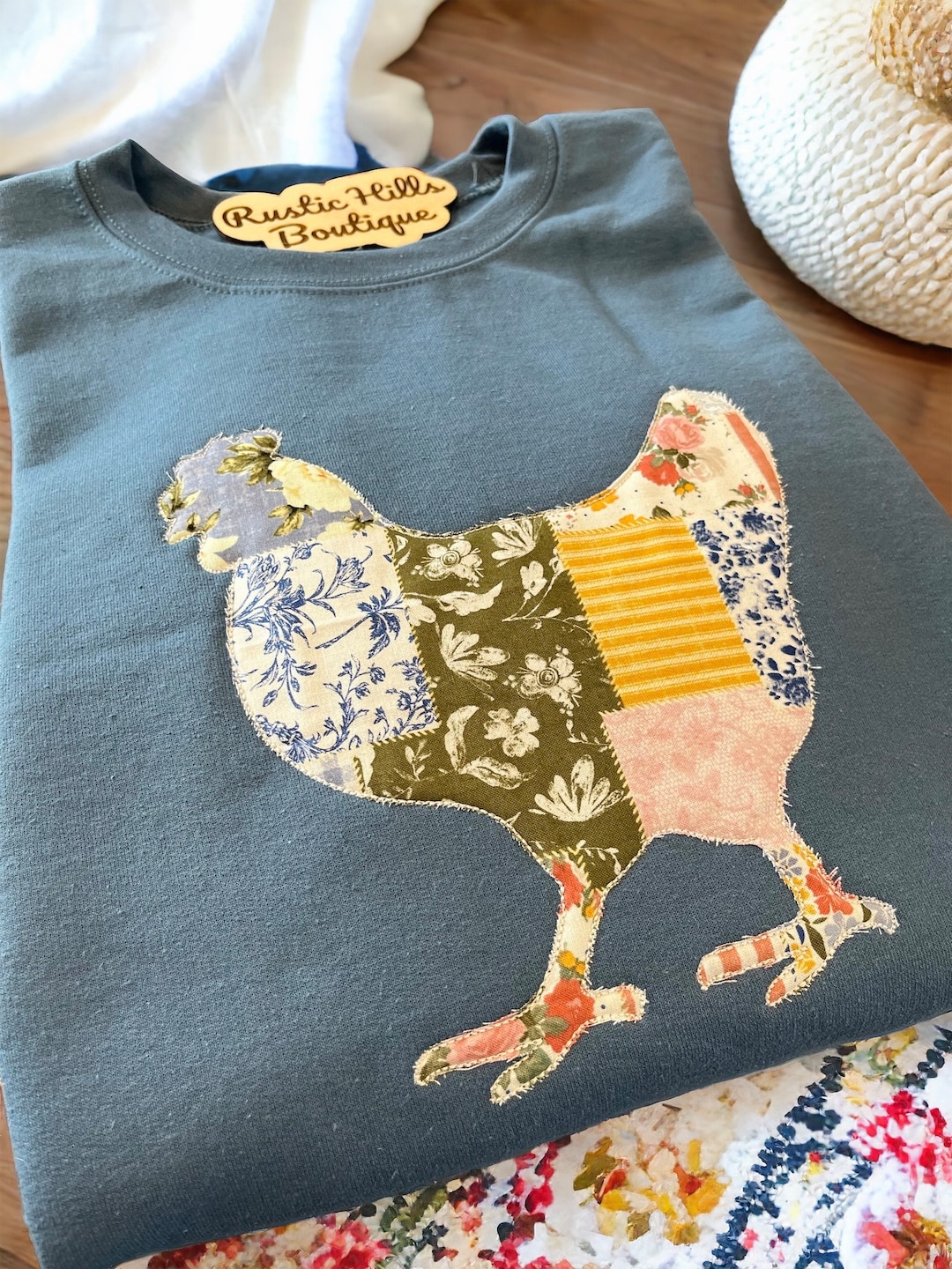 Embroidered Chicken Sweatshirt, Patch Fabric Embroidered Shirt, Chicken ...
