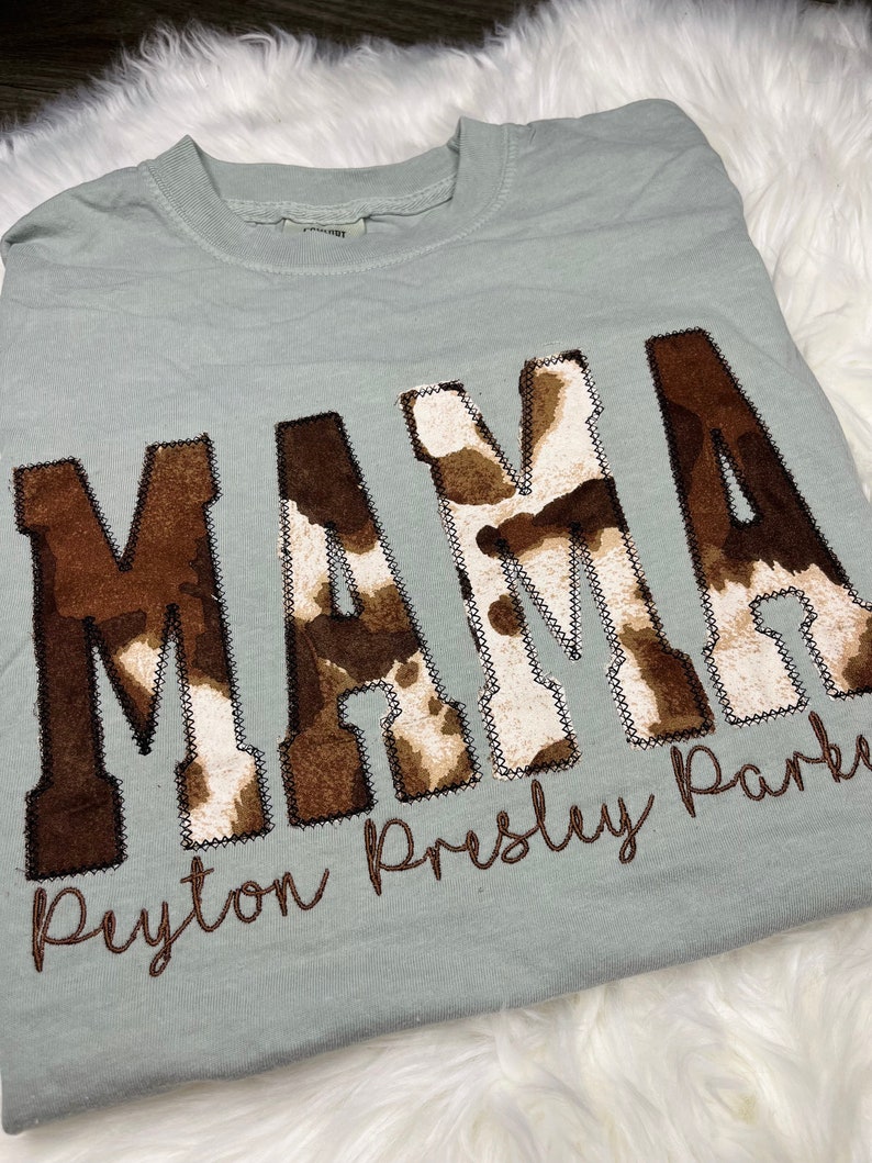 Embroidered Cow Print Mama Shirt, Personalized Mama Shirt - Etsy
