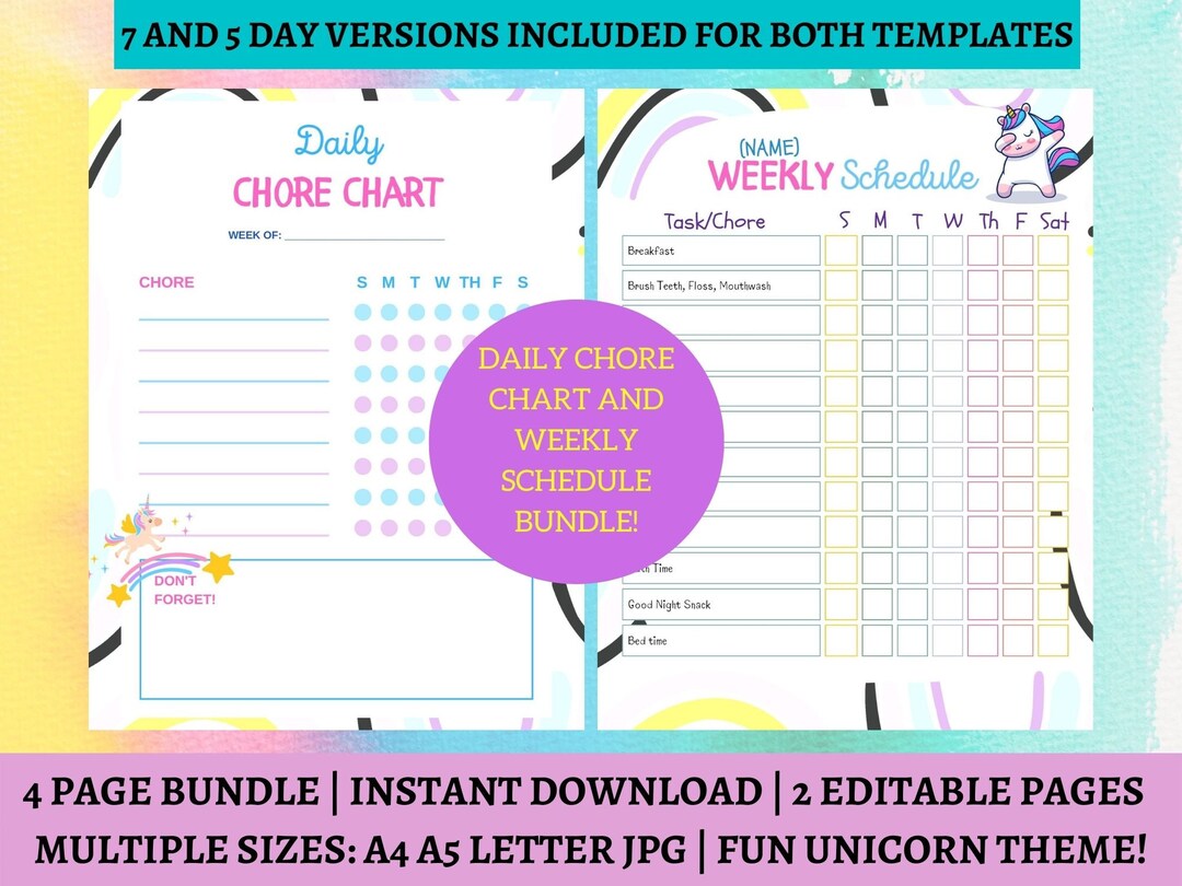 Unicorn Rainbow Printable Editable Daily Checklist for Kids Chore Chart ...