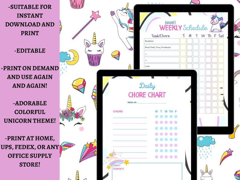 Unicorn Rainbow Printable Editable Daily Checklist for Kids Chore Chart ...
