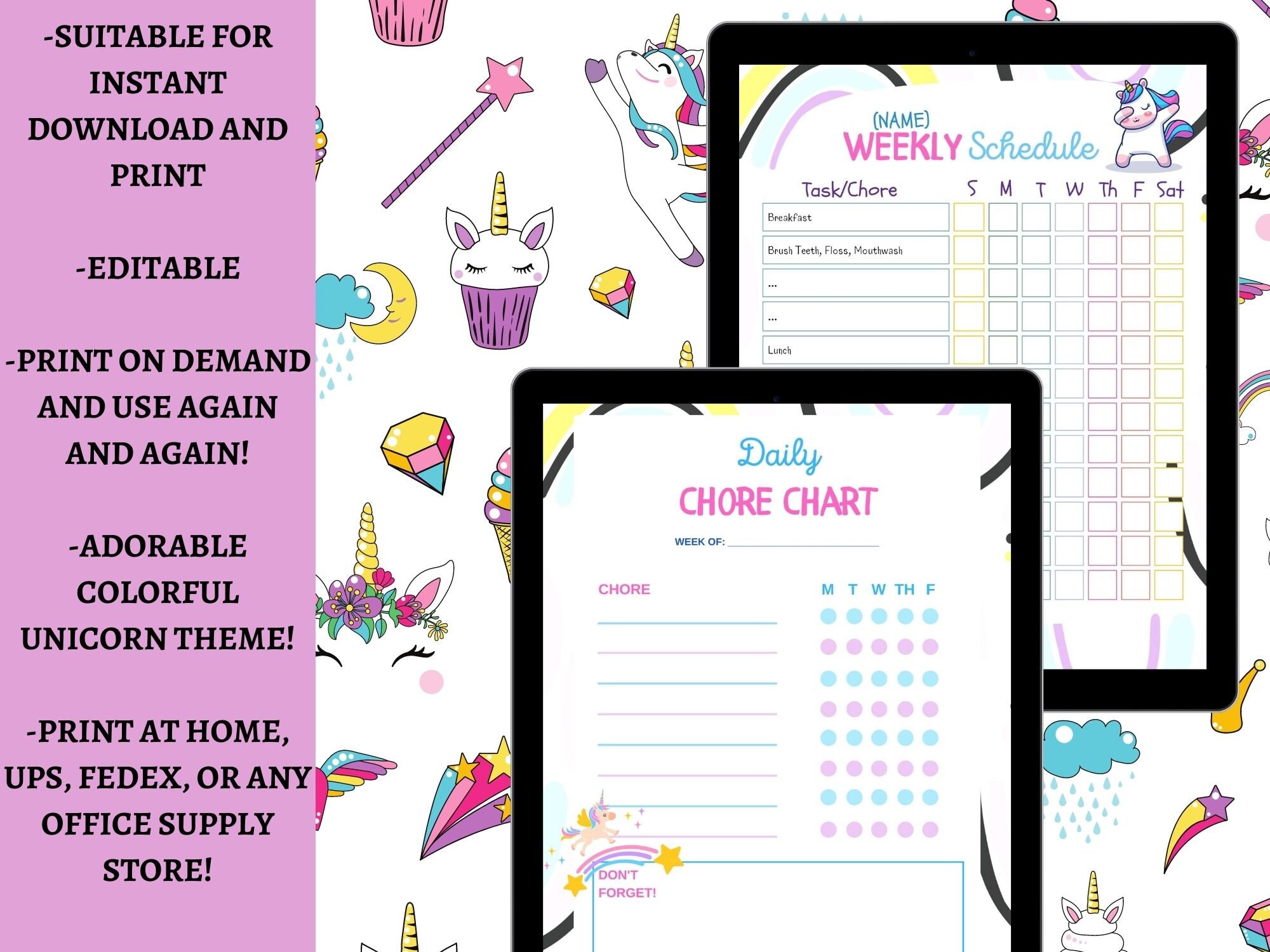 Unicorn Rainbow Printable Editable Daily Checklist for Kids Chore Chart ...