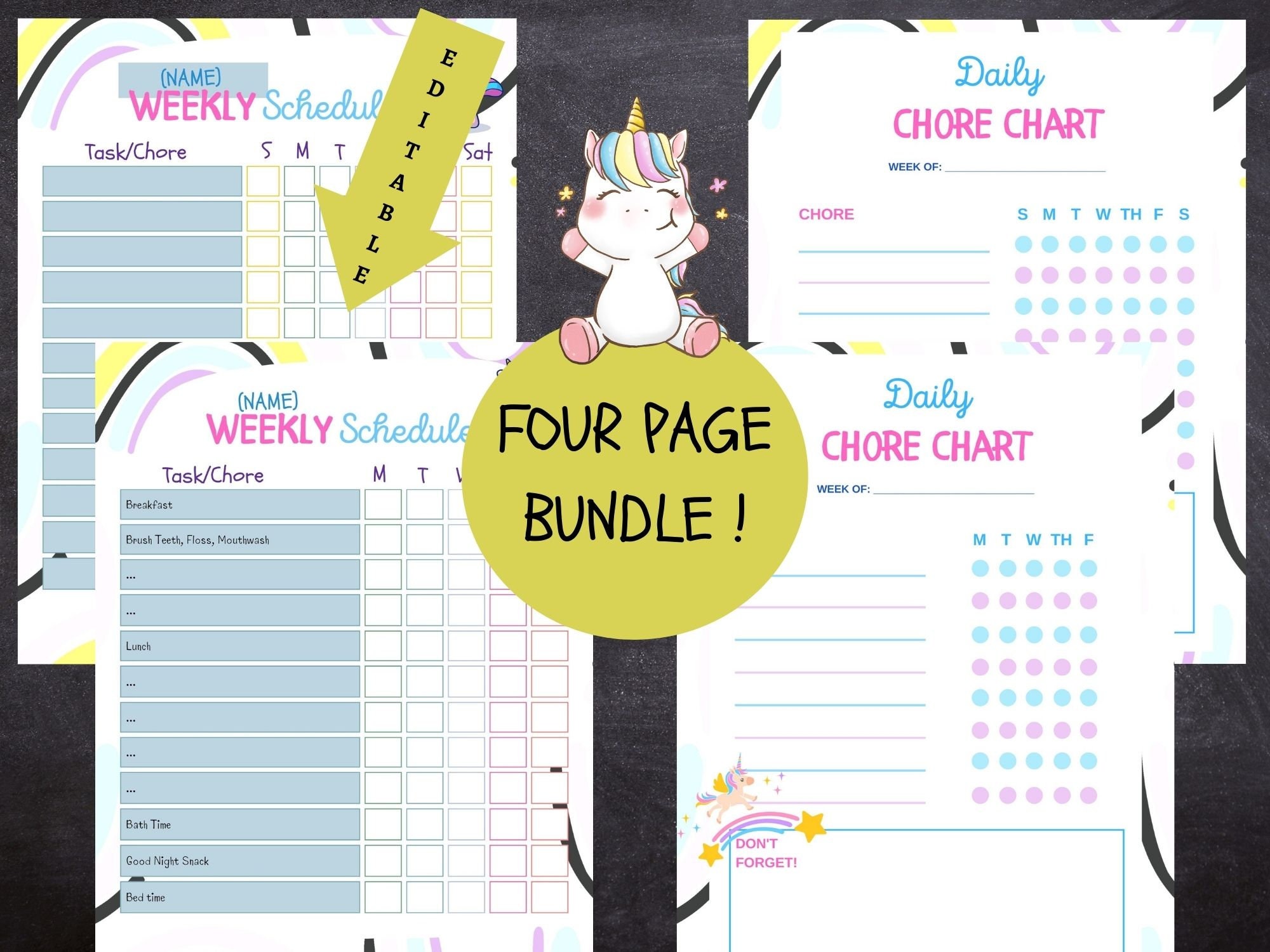 Unicorn Rainbow Printable Editable Daily Checklist for Kids Chore Chart ...