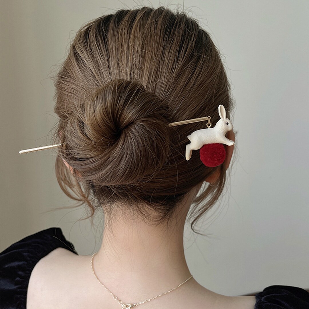 Rabbit Hairpin Rabbit Hair Stick With Red Velvet Ball Kawaii - Etsy