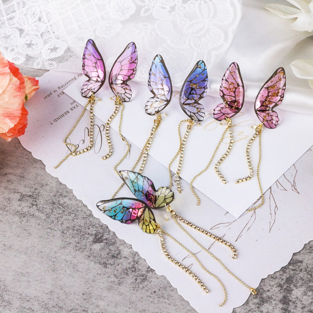 Butterfly Wing With Crystal Tassel Earrings, Resin Fairy Wing Earrings ...