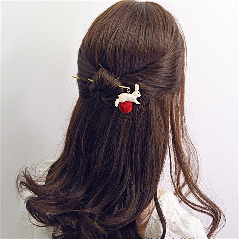 Rabbit Hairpin Rabbit Hair Stick With Red Velvet Ball Kawaii - Etsy