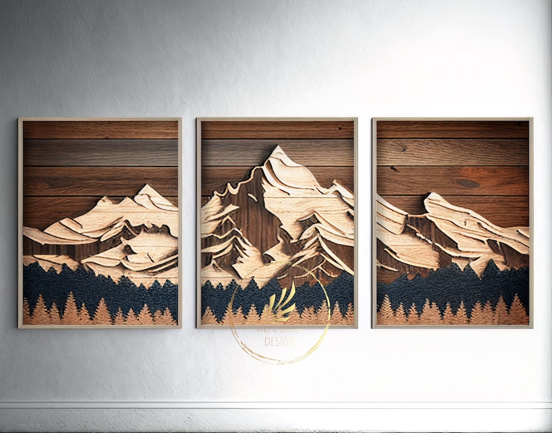 3 Piece Art Print Mountain Range Wood Panel Effect Digital Printable ...
