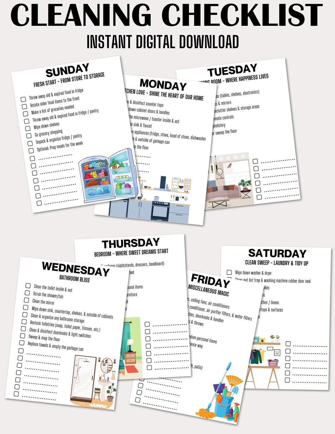Weekly Cleaning Checklist Flyers - Daily Tasks & Room-by-room Schedule ...