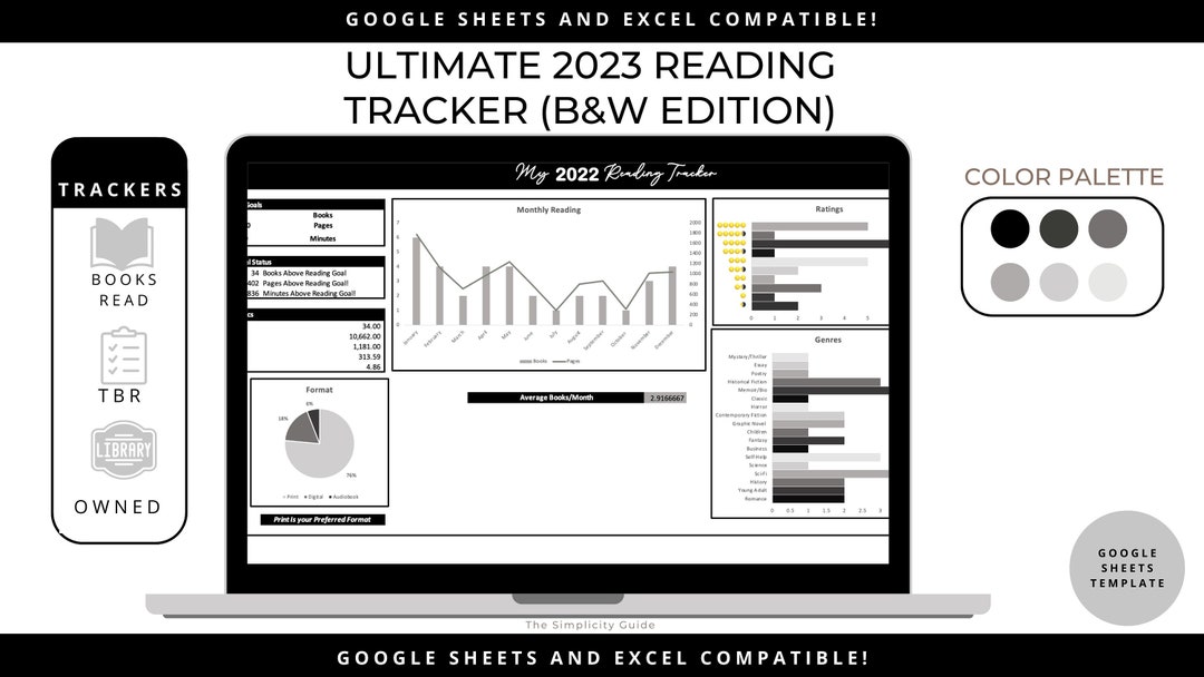 B&W Annual Reading Tracker Spreadsheet, Book Track Spreadsheet, Google ...