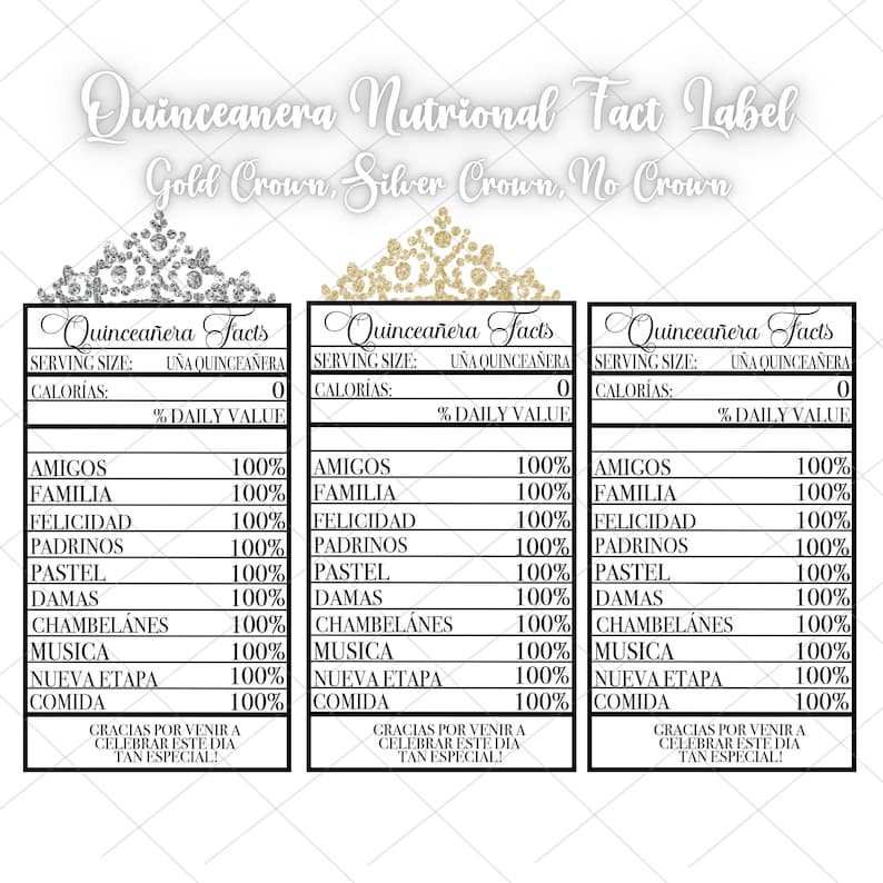 Quinceanera Nutritional Label Silver Crown Gold Crown No - Etsy