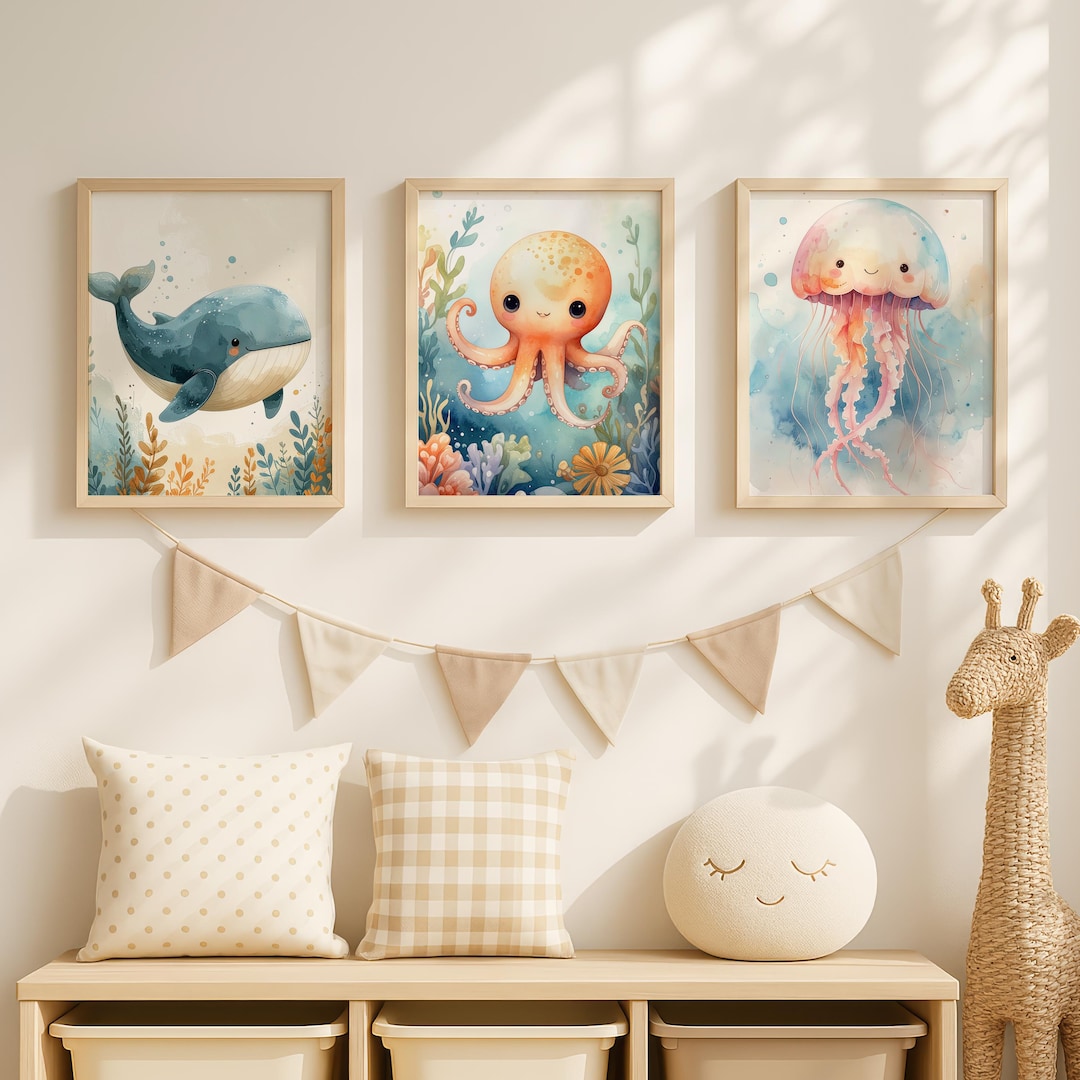 Ocean Friends Nursery Wall Art Set, Sea Animals Prints, Jellyfish ...