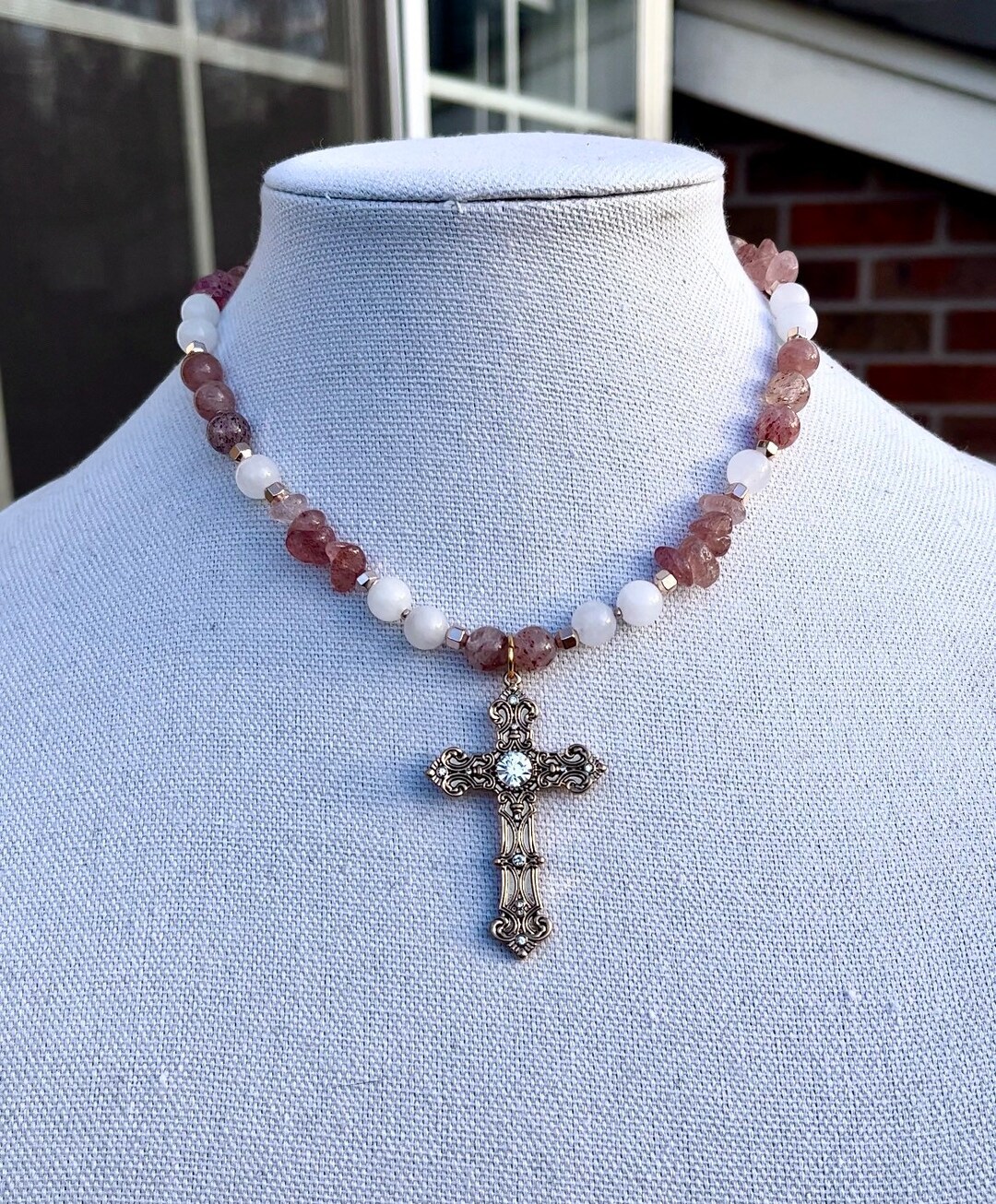 JESUS PIECE - Y2K Strawberry Quartz and White Jade Beaded Cross Jewelry ...
