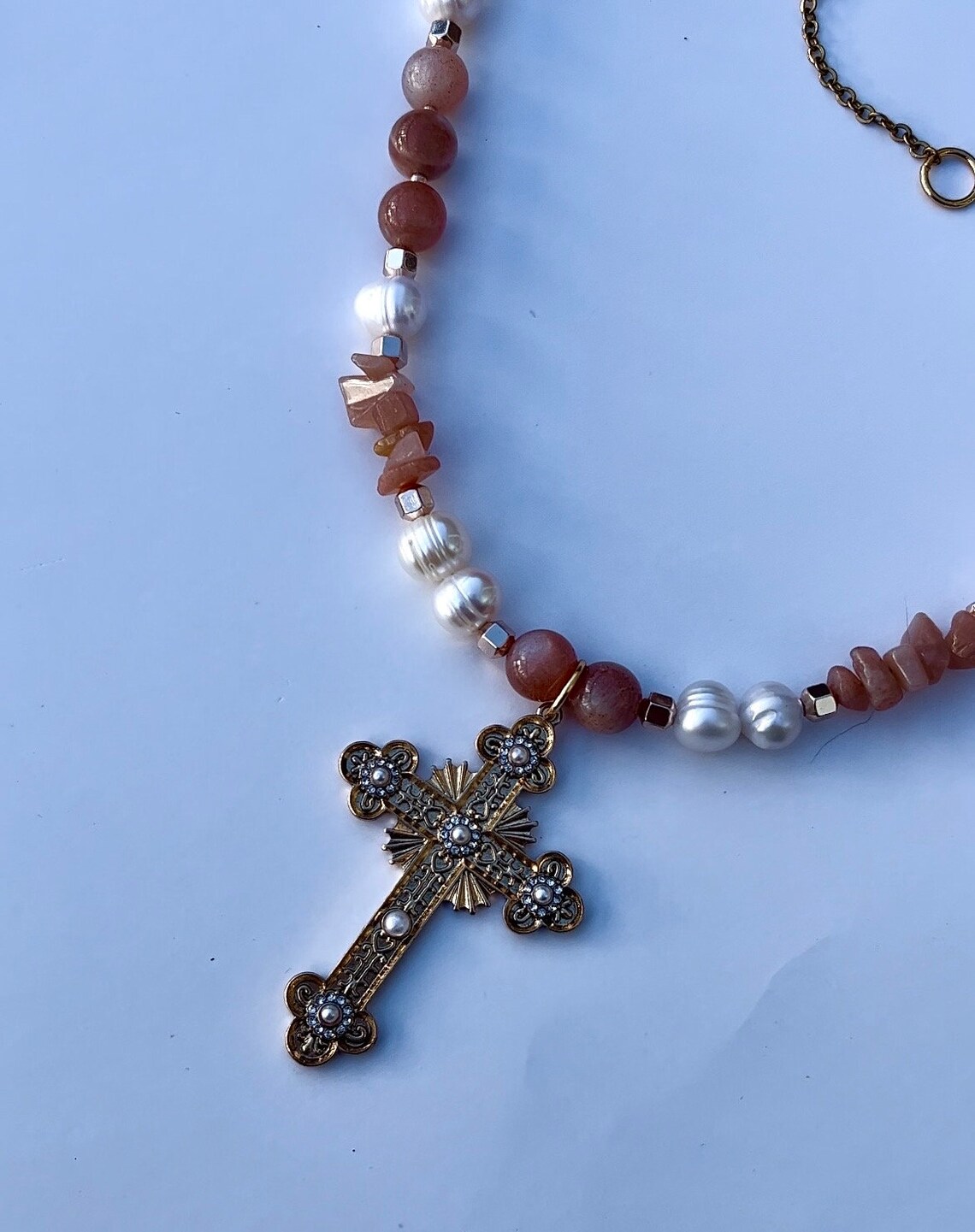 JESUS PIECE - Y2K Sunstone and Freshwater Gemstone Cross Necklace ...