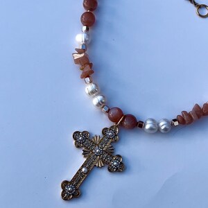 JESUS PIECE - Y2K Sunstone and Freshwater Gemstone Cross Necklace ...