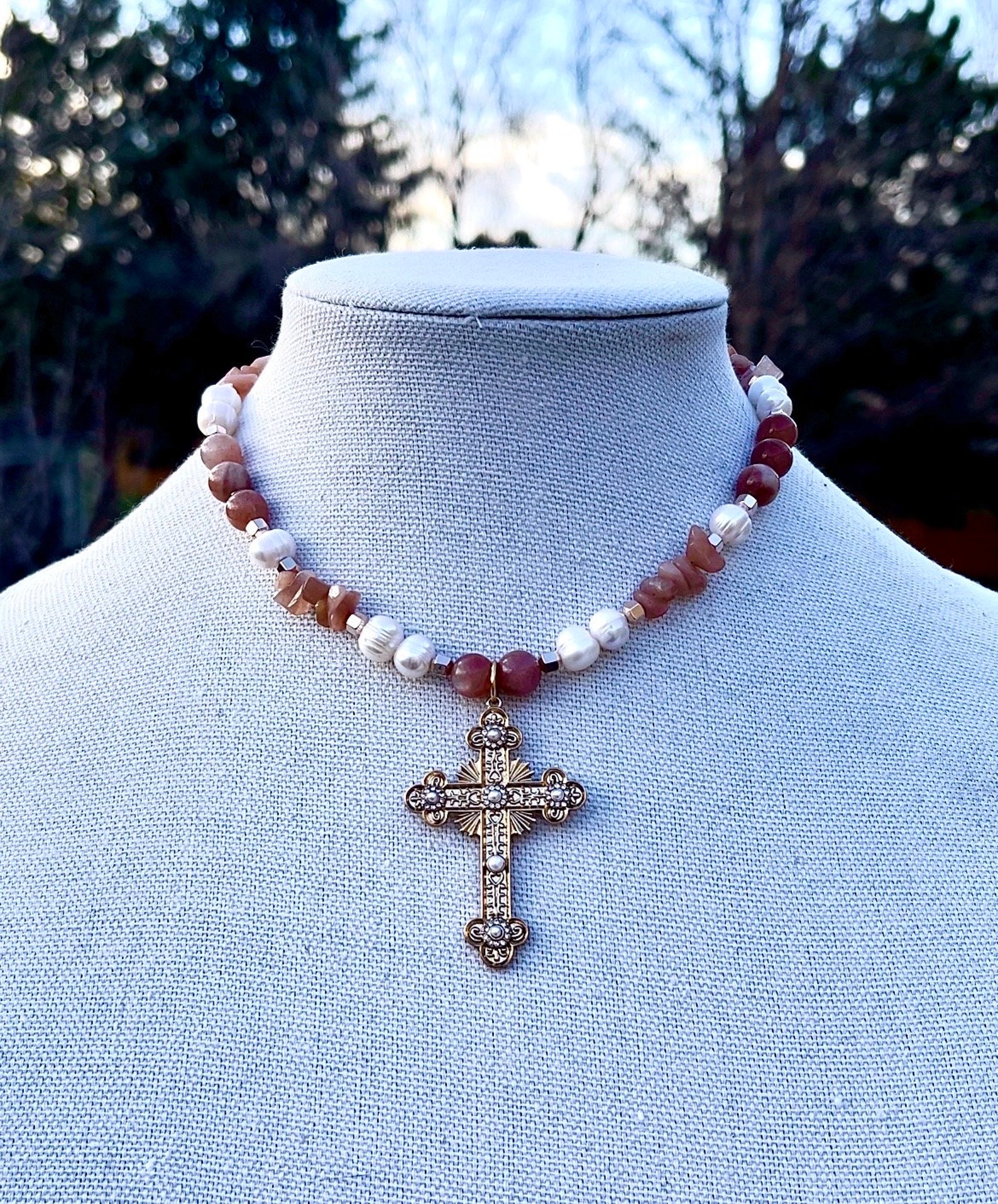 JESUS PIECE - Y2K Sunstone and Freshwater Gemstone Cross Necklace ...