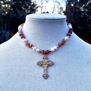 JESUS PIECE - Y2K Sunstone and Freshwater Gemstone Cross Necklace ...