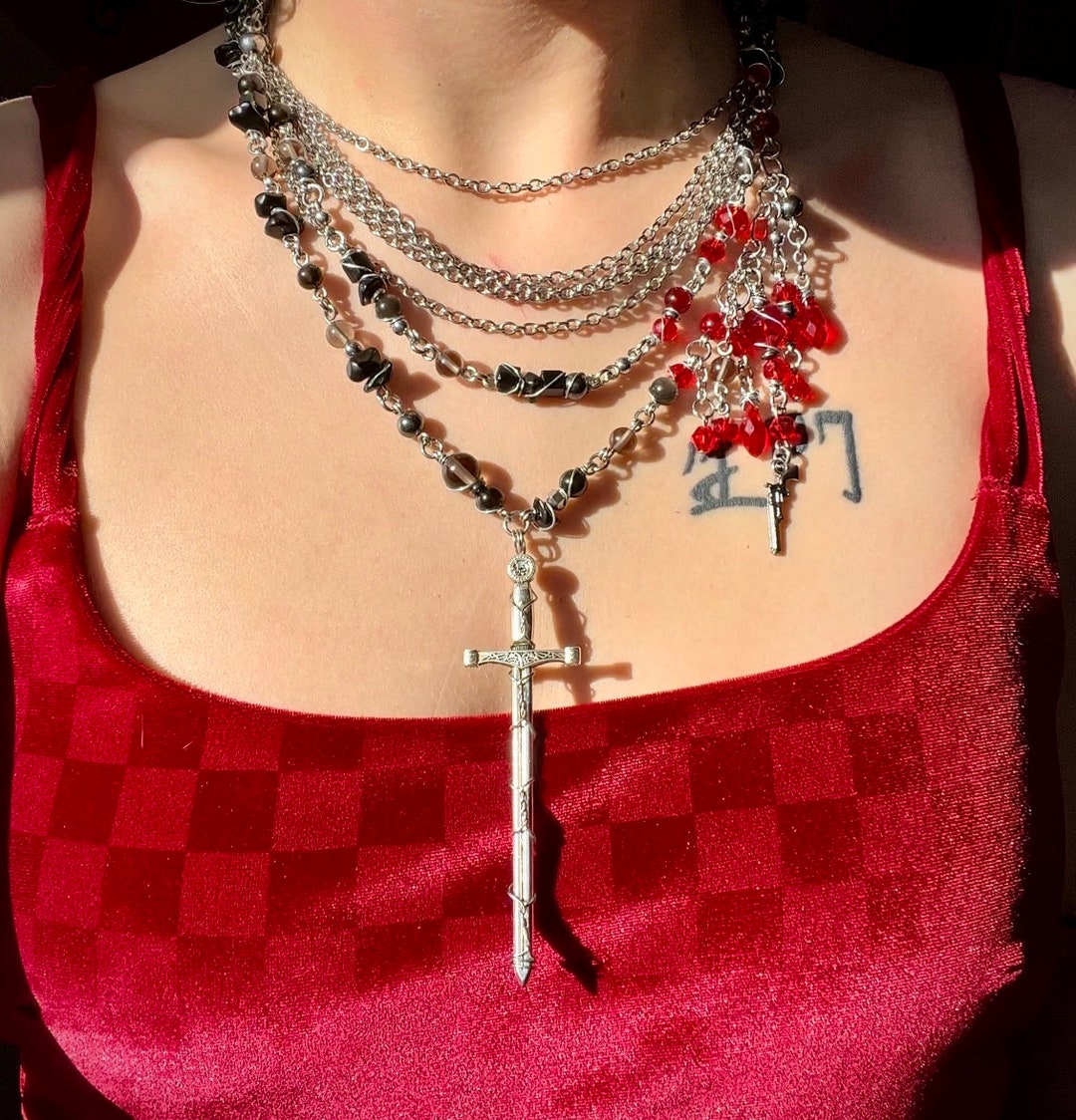 Bleeding Dagger Layered Stainless Steel Necklace Y2k Grunge Dagger ...