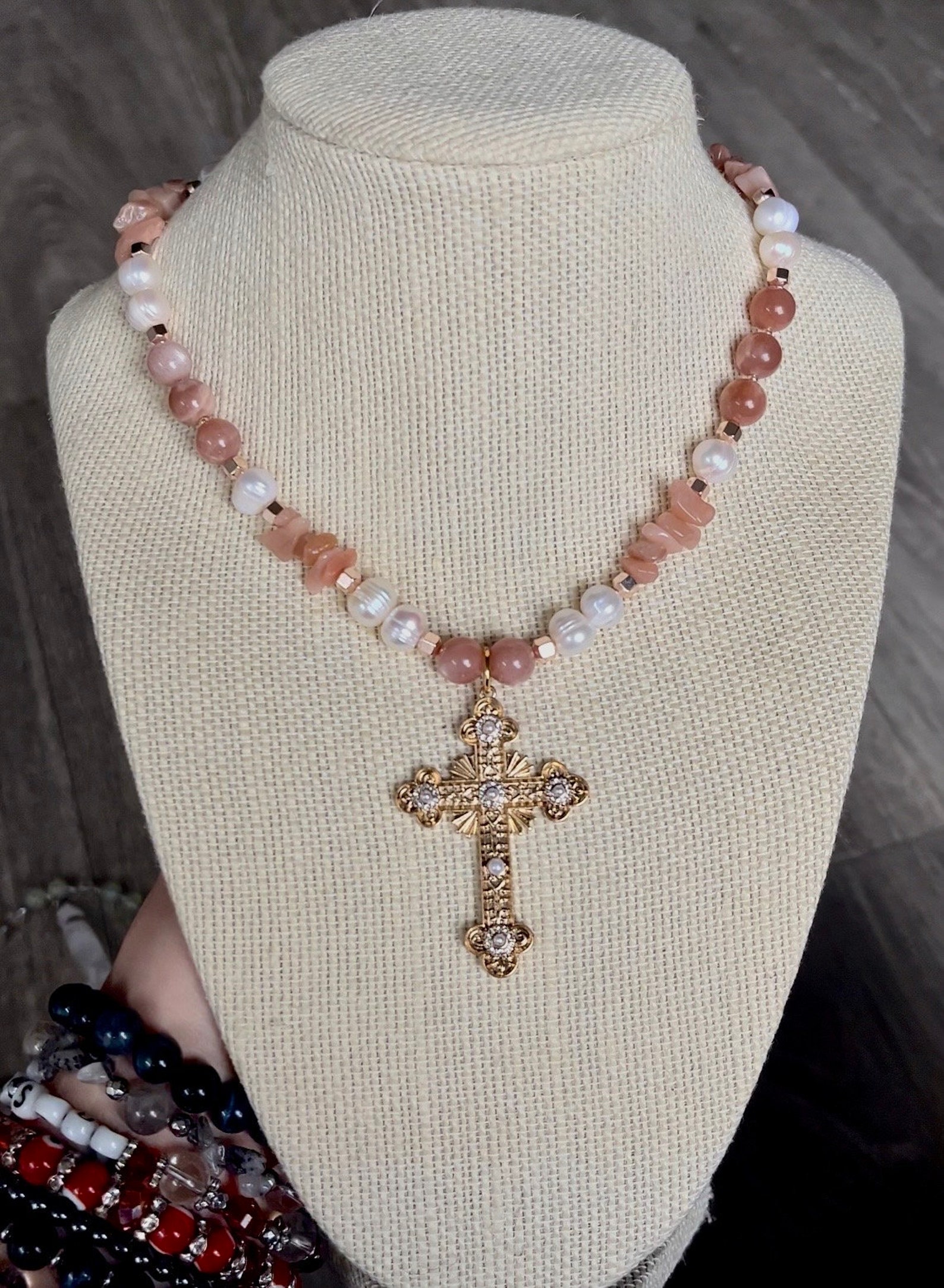 JESUS PIECE - Y2K Sunstone and Freshwater Gemstone Cross Necklace ...