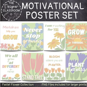 MOTIVATIONAL POSTER SET Pastel Flower Retro Classroom Growth Mindset ...