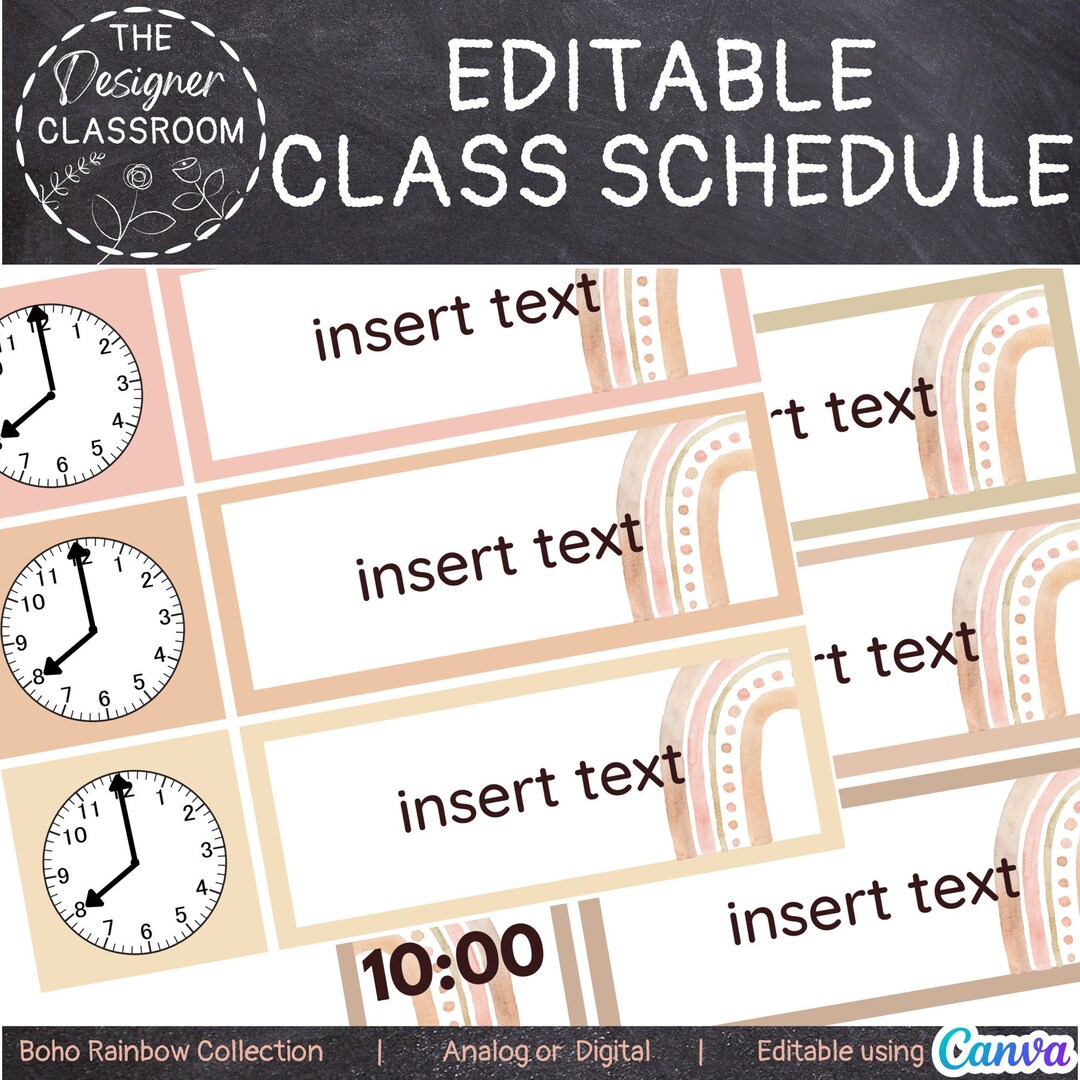 EDITABLE CLASS SCHEDULE Boho Rainbow Boho Classroom Time Table Visual ...