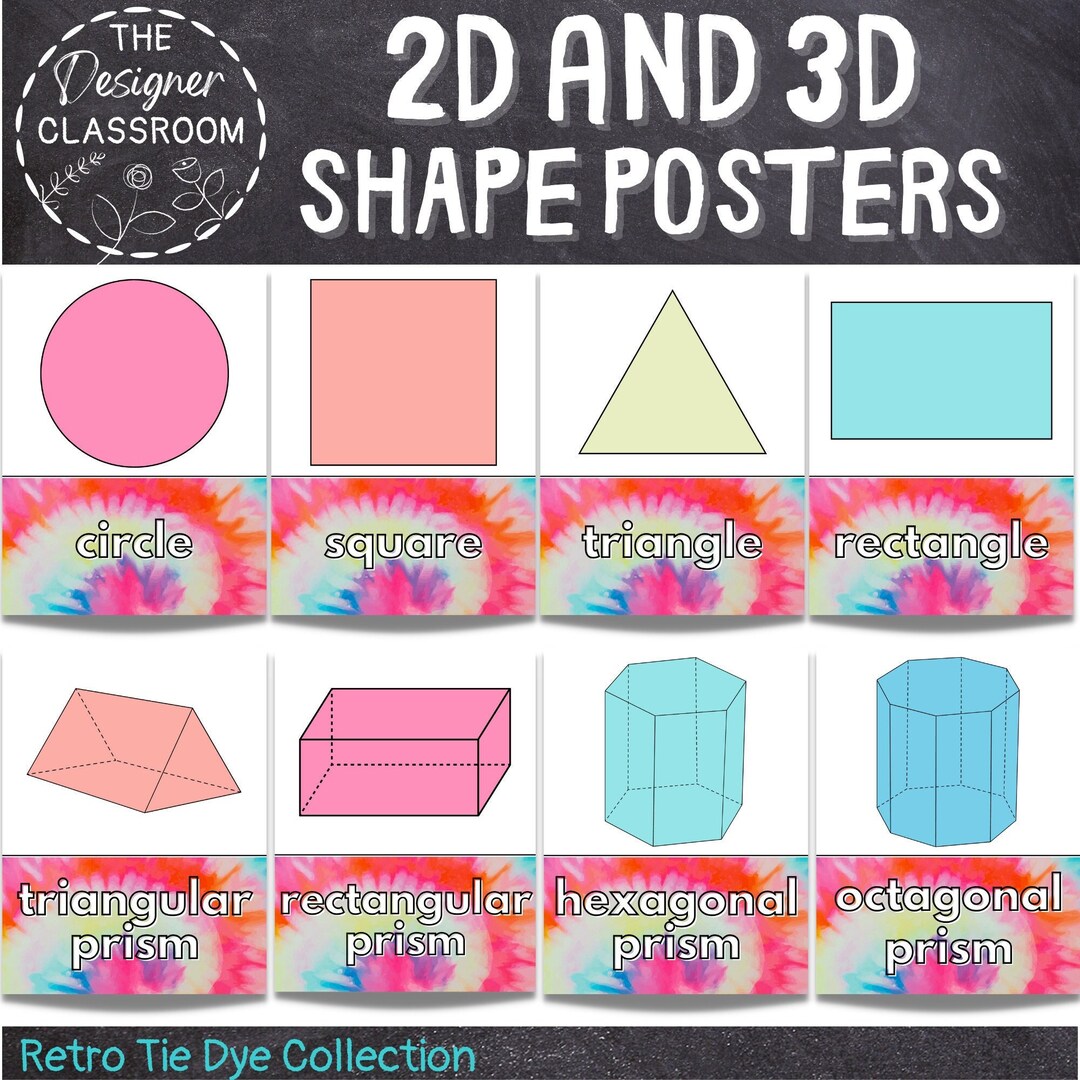 SHAPE POSTER SET 2D and 3D Retro Tie Dye Classroom Decor Groovy ...
