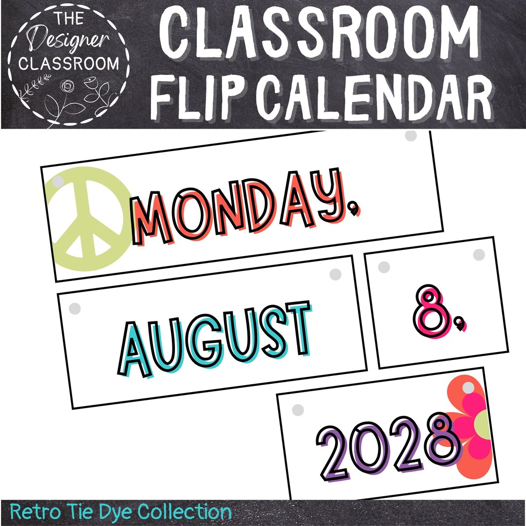 CLASSROOM FLIP CALENDAR Retro Tie Dye Classroom Decor Groovy Classroom ...