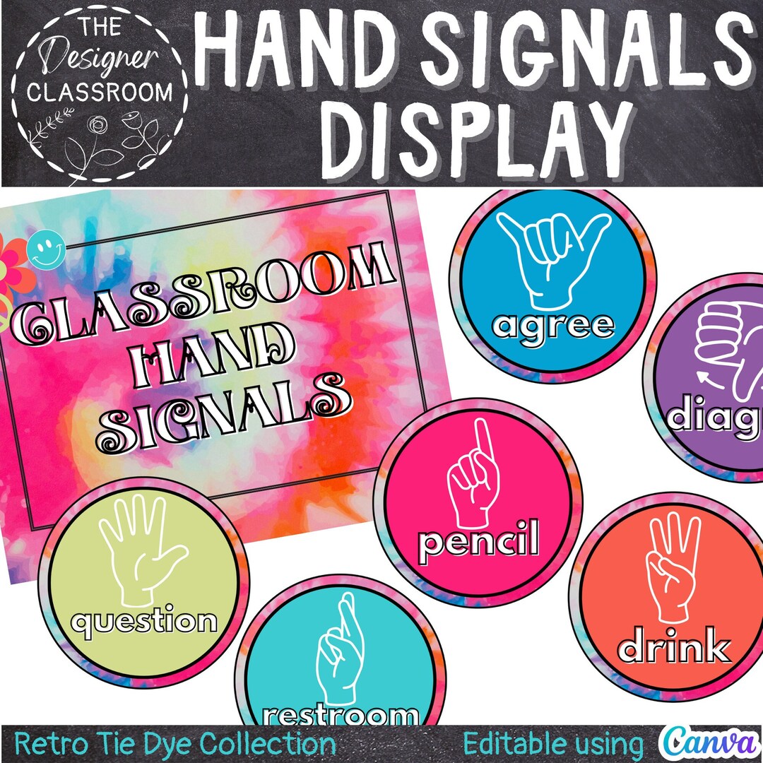EDITABLE Hand Signals Display Retro Tie Dye Classroom Decor Groovy ...