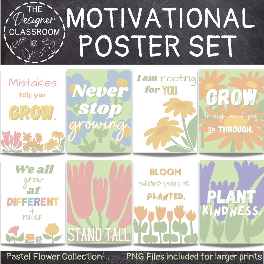 MOTIVATIONAL POSTER SET Pastel Flower Retro Classroom Growth Mindset ...