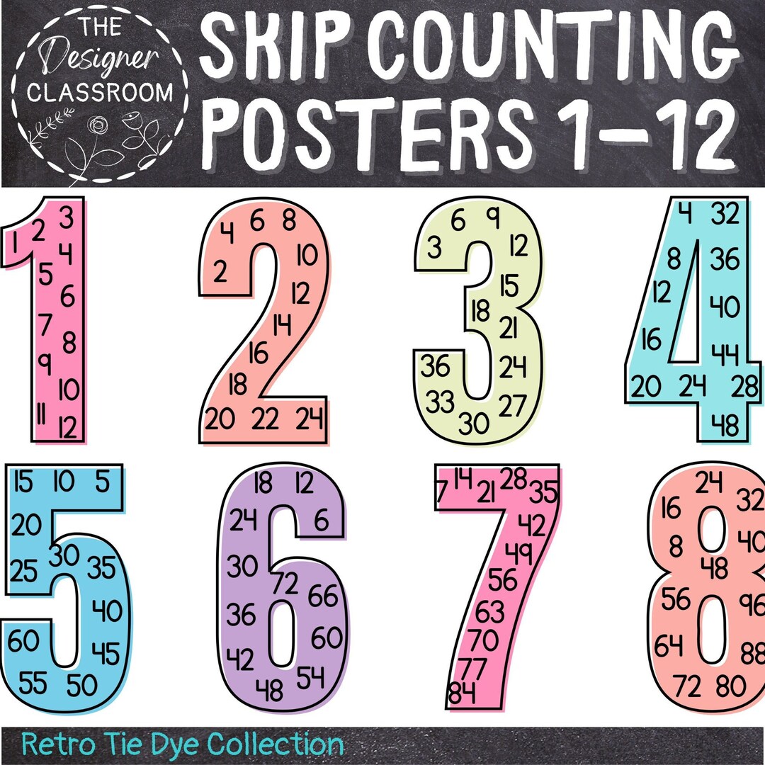 SKIP COUNTING POSTERS 1 to 12 Retro Tie Dye Classroom Decor Groovy ...