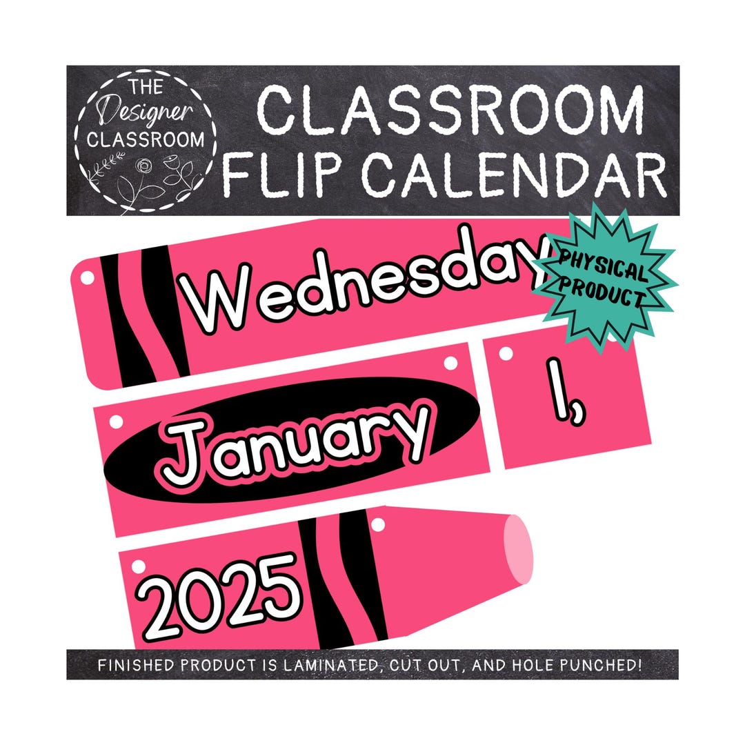 CLASSROOM FLIP CALENDAR | Pink Crayon Shaped Flip Calendar | Classroom ...