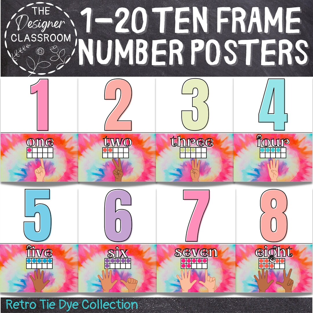 TEN FRAMES POSTERS 1 to 20 Retro Tie Dye Classroom Decor Groovy ...