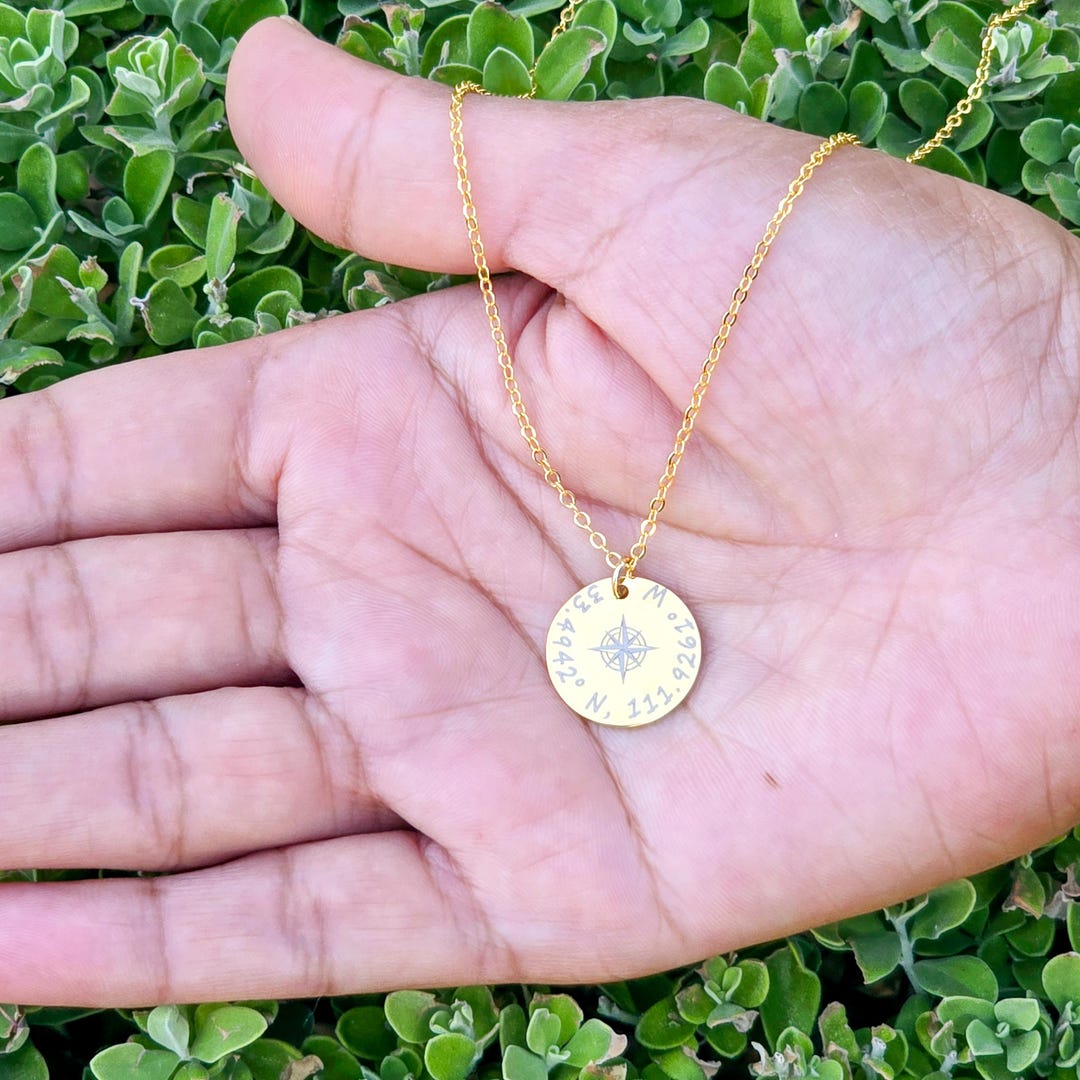 Personalized Compass Necklace: Engraved Coordinate Travel Jewelry Gift ...