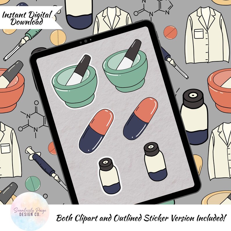 Pharmacy Clipart: Hand-drawn Pharmacist Stickers, Medical Pngs (digital ...