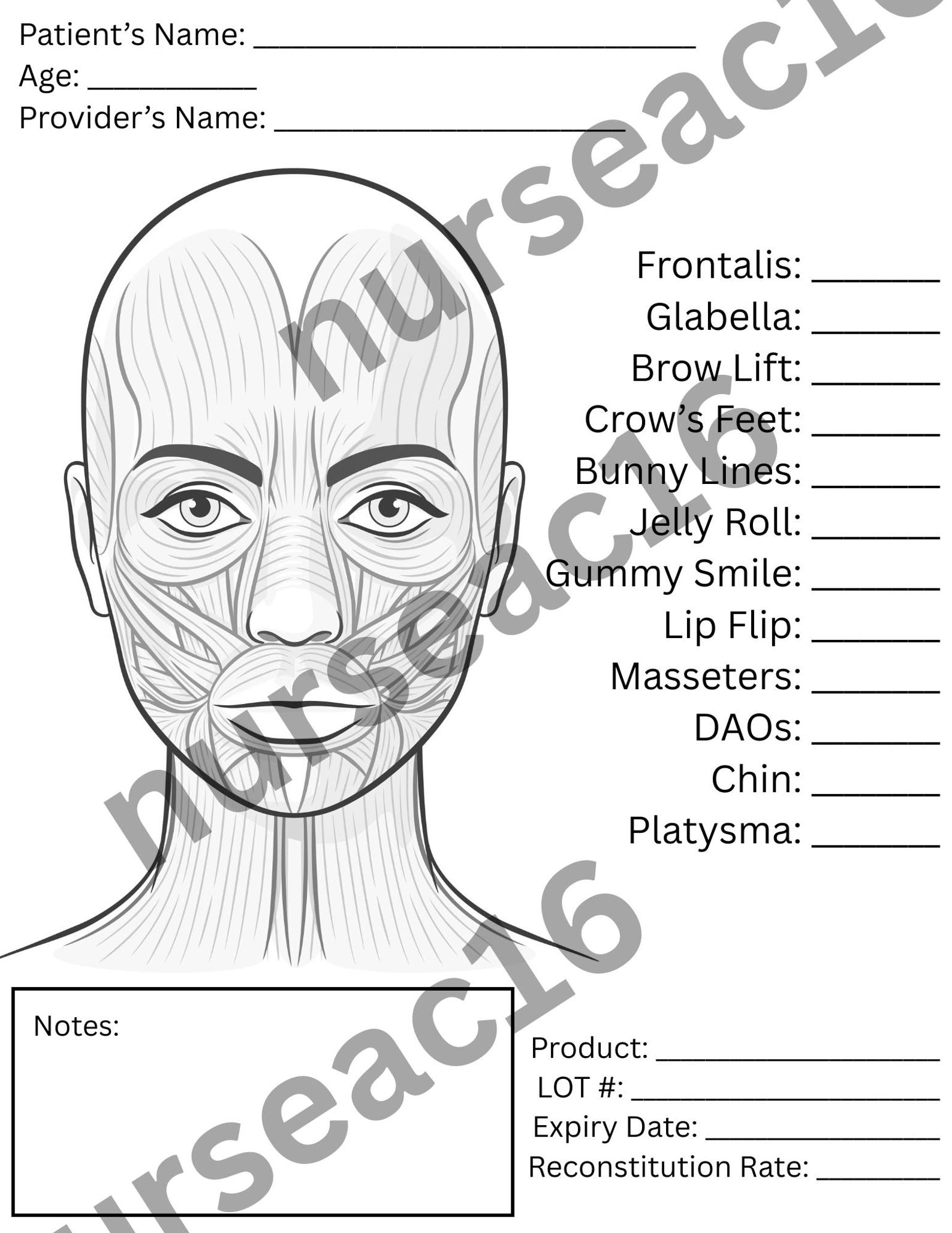 Neurotoxin Treatment Face Chart Template for Easy Documentation and ...