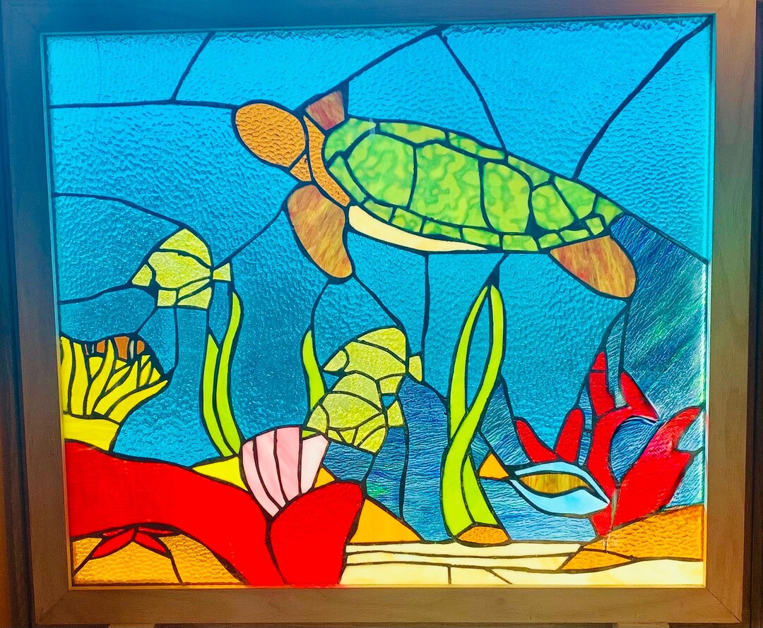 Large Sea Turtle Stained Glass Window Panel – Underwater Ocean Scene 28 ...