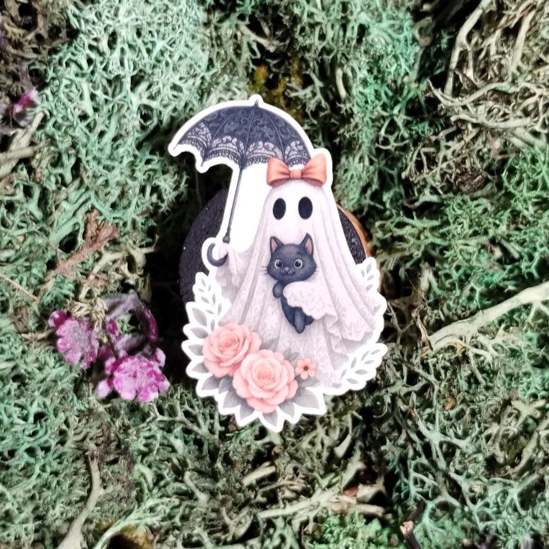 Lacy Ghost Sticker With Pink Bow, Black Cat, and Parasol – Cute ...