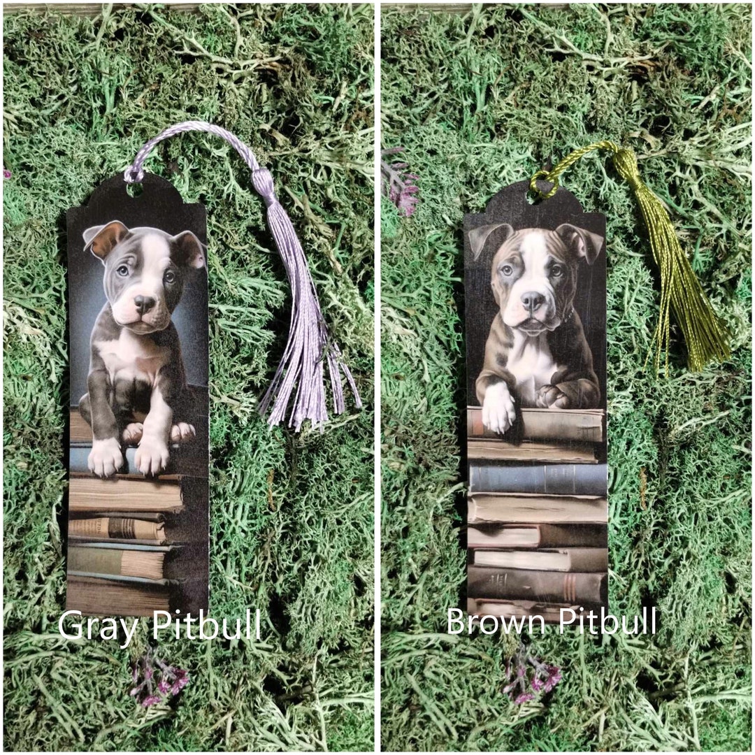 American Pitbull Puppy on a Stack of Books Bookmark Cardstock Laminated Tassel Pile of Books ...
