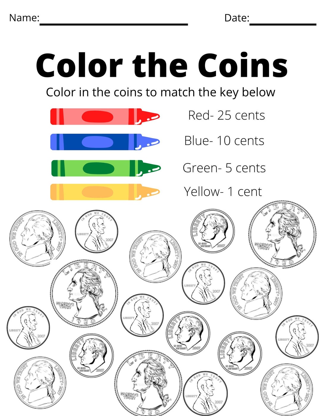 Color the Coins US Currency Worksheet - Etsy