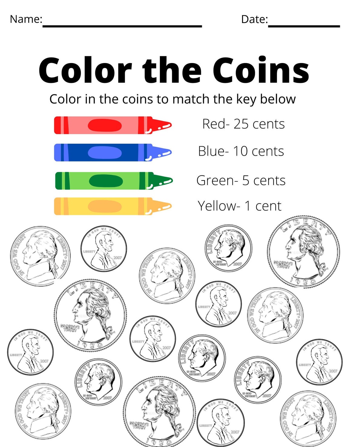 Color the Coins US Currency Worksheet - Etsy