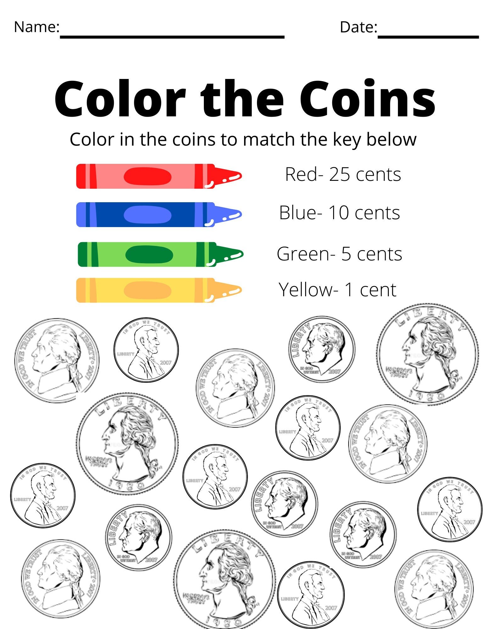 Color the Coins US Currency Worksheet - Etsy