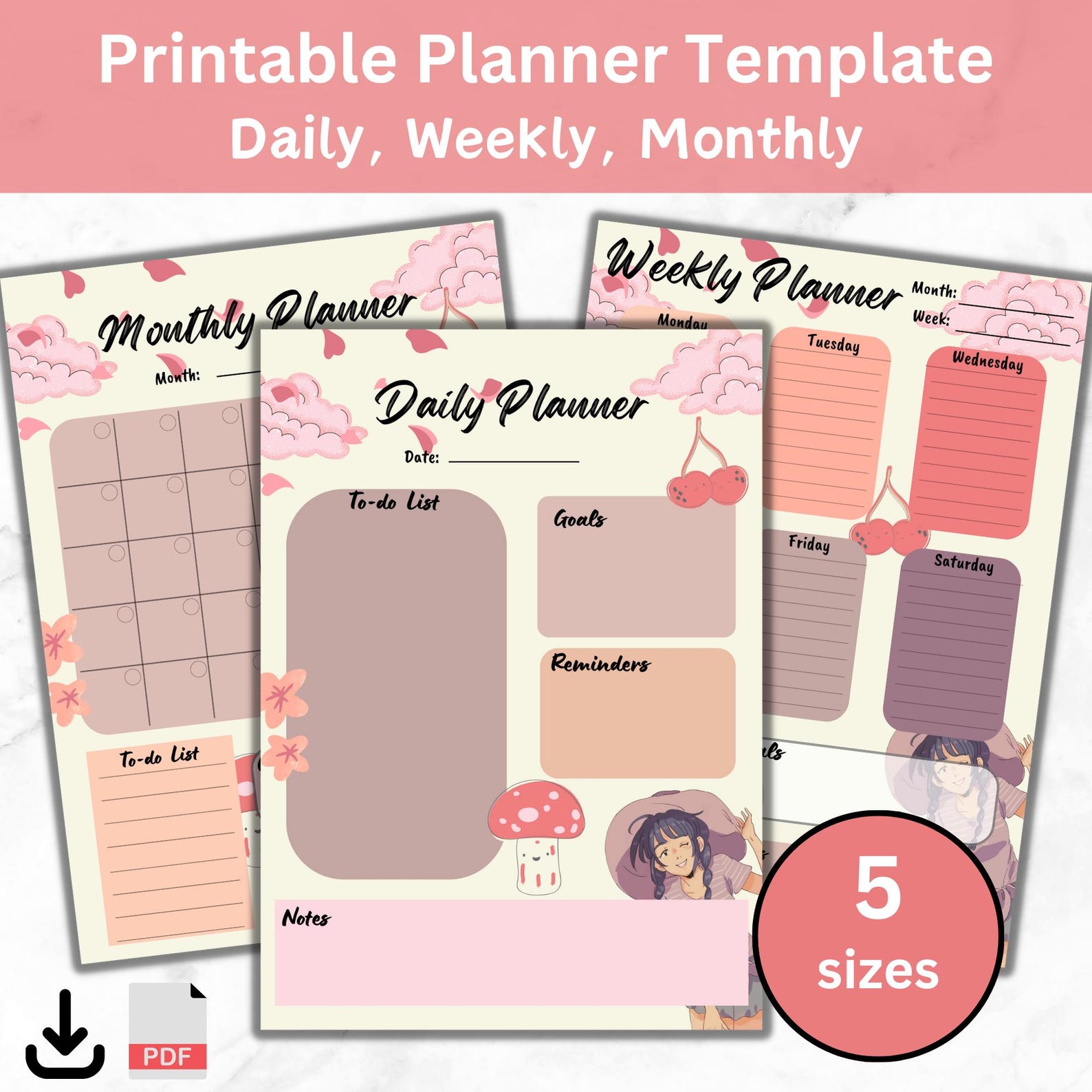 Girly Planner Printable Template, Digital Journal, Hourly Daily Weekly ...