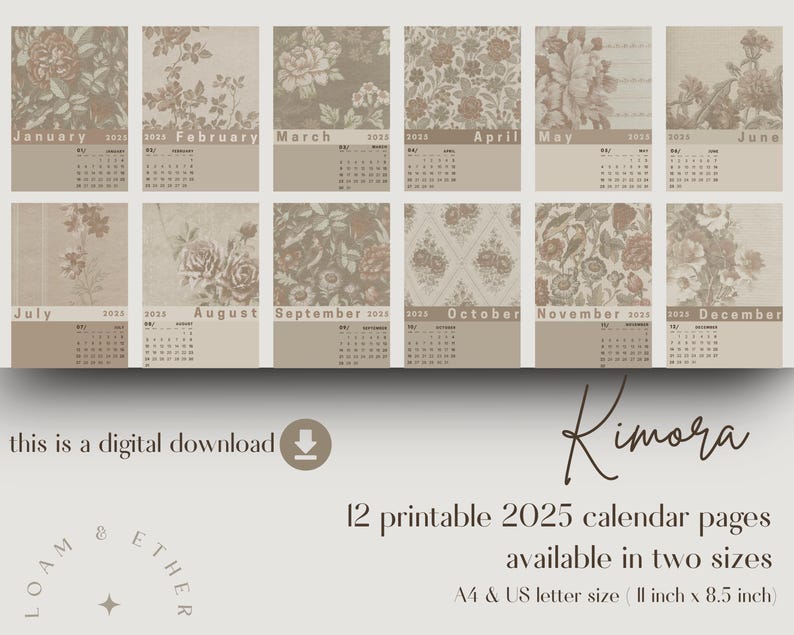 Printable Calendar 2025. Digital Calendar. Pastel Floral Calendar ...