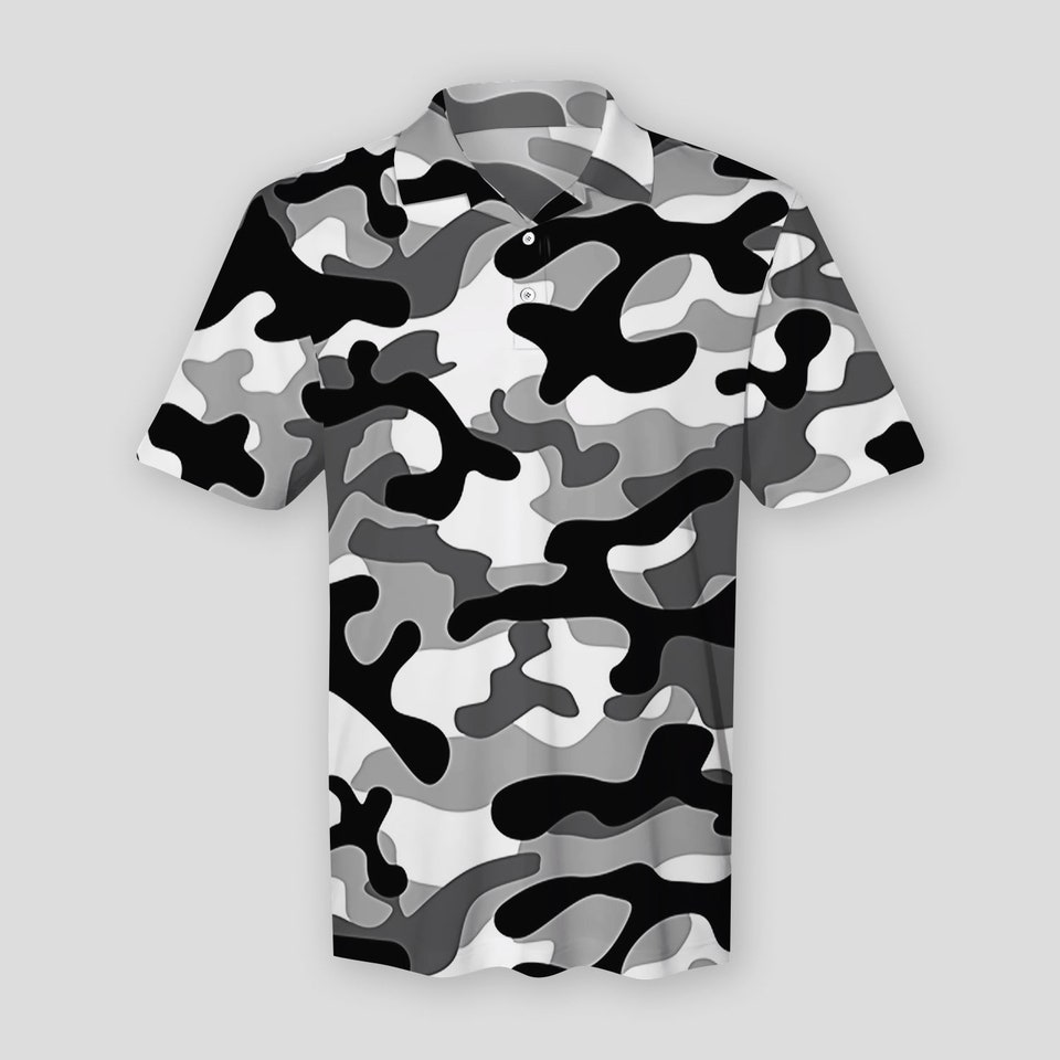Black White Camo Camouflage Polo Shirt For Men sold by DebbiLee | SKU ...