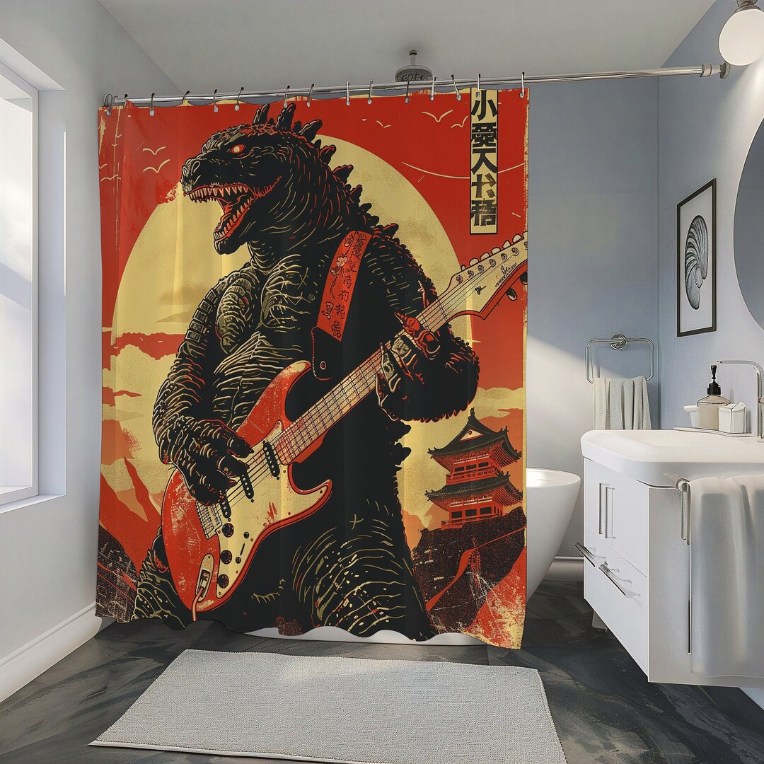Rocking Godzilla Shower Curtain, Funny Japanese Shower Curtain, Traditional Japanese Art ...