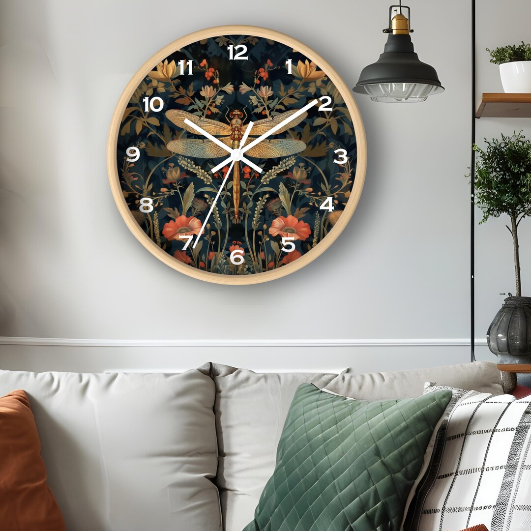 William Morris Dragonfly Inspired Round Wall Clock Whimsical Dragonfly ...