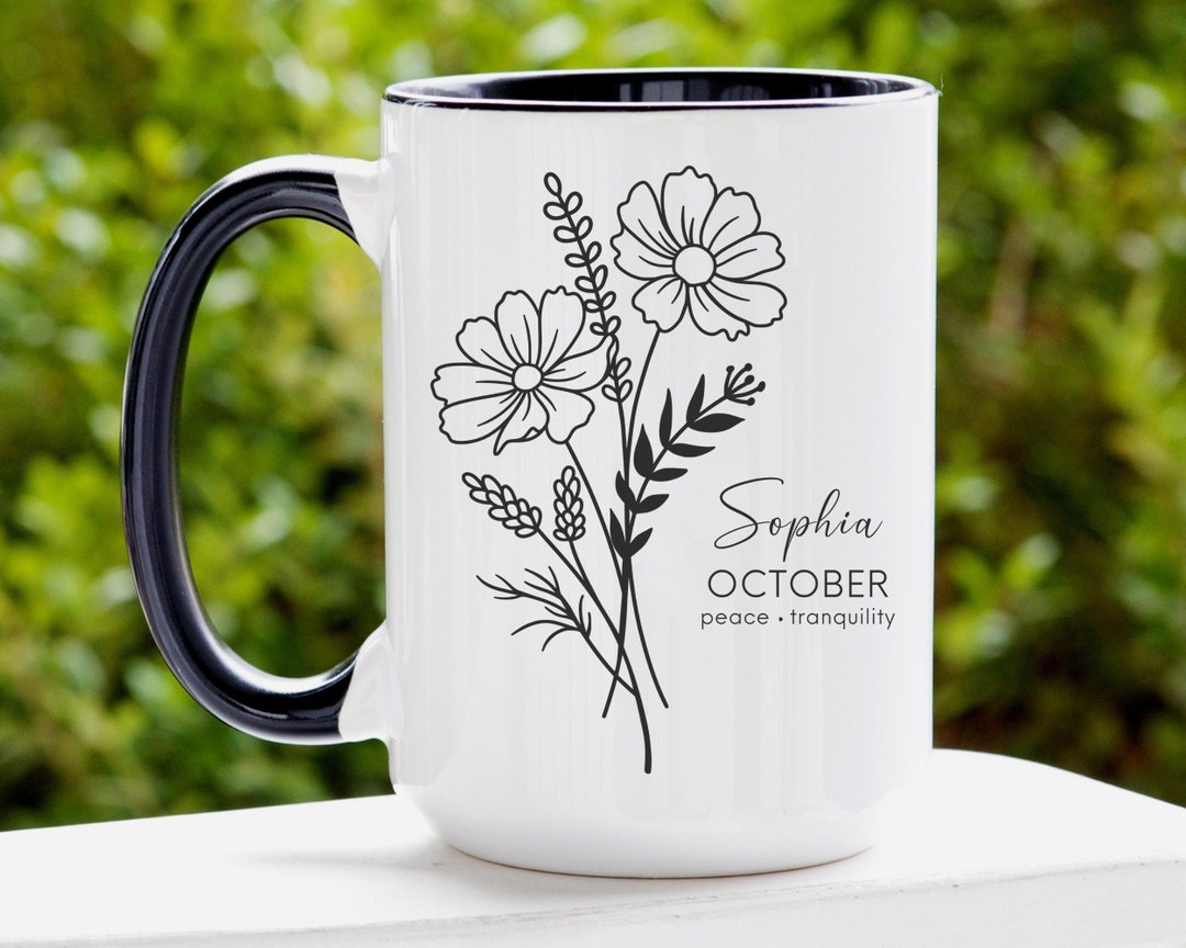 October Cosmos Birth Flower Mug, Custom Name Gift, Birth Flower Cup ...