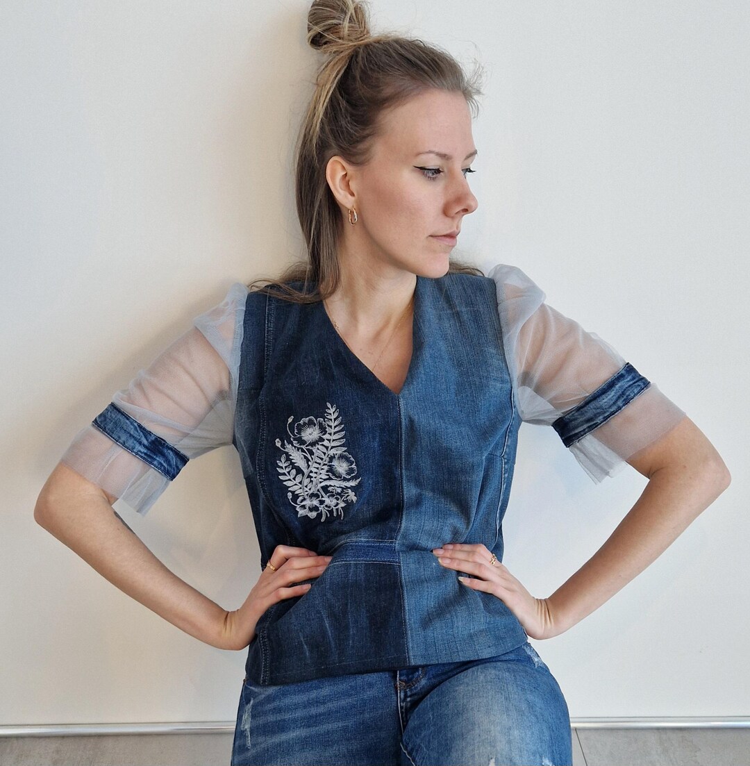 Handmade Upcycled Denim Blouse: Embroidered Flower Tulle Sleeves - Etsy