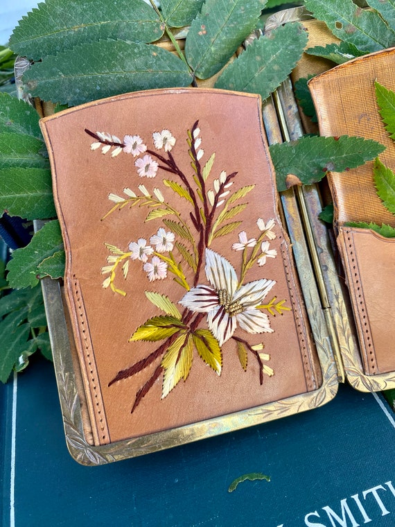 1800s 1900s Victorian Floral Wallet Real Leather Embr… - Gem