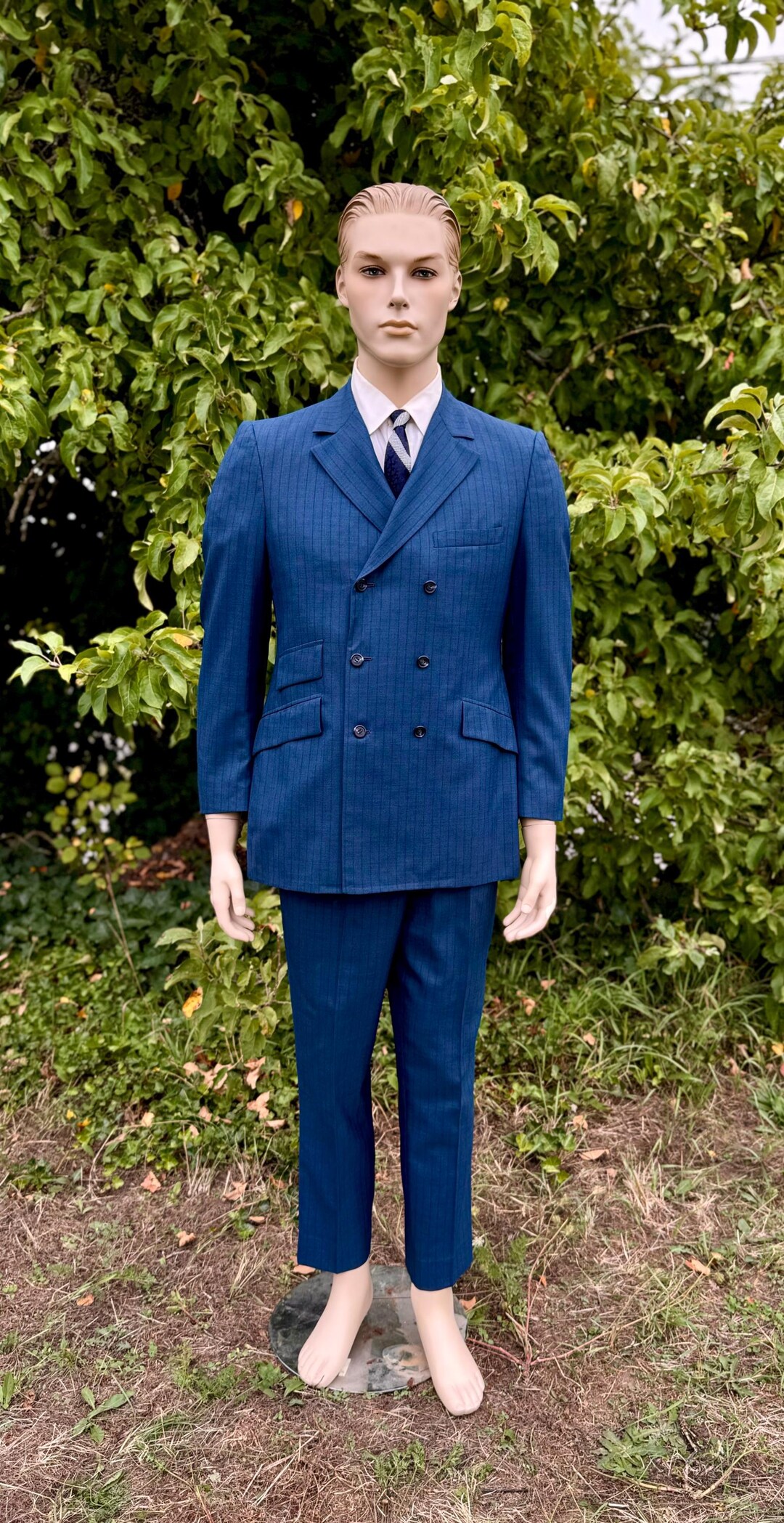 1960s Black & Blue Pinstriped Suit / Double Breasted - Ticket Pocket ...