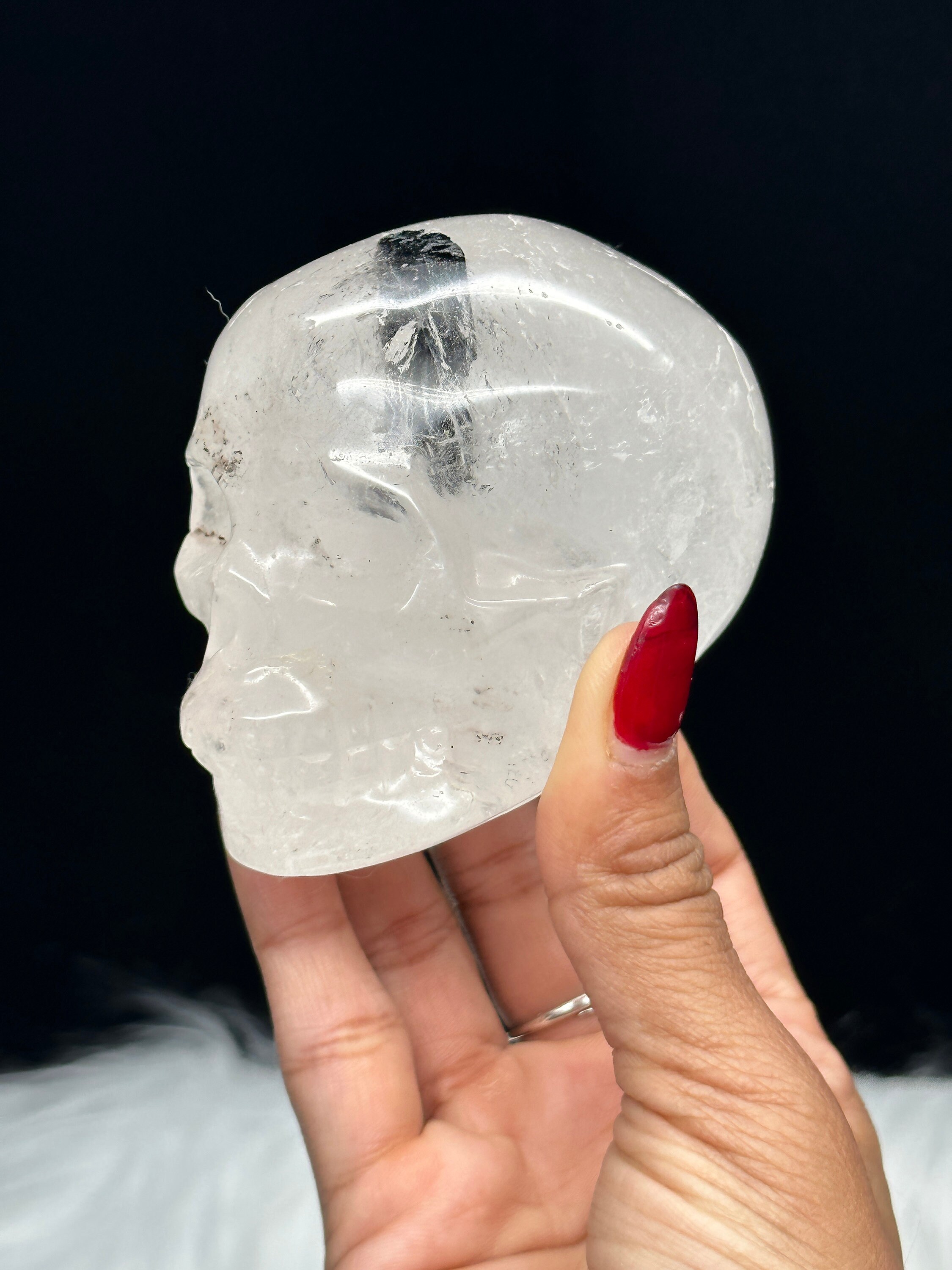 Black Tourmaline in Quartz Crystal Skull Carving, Tourmalinated Clear ...